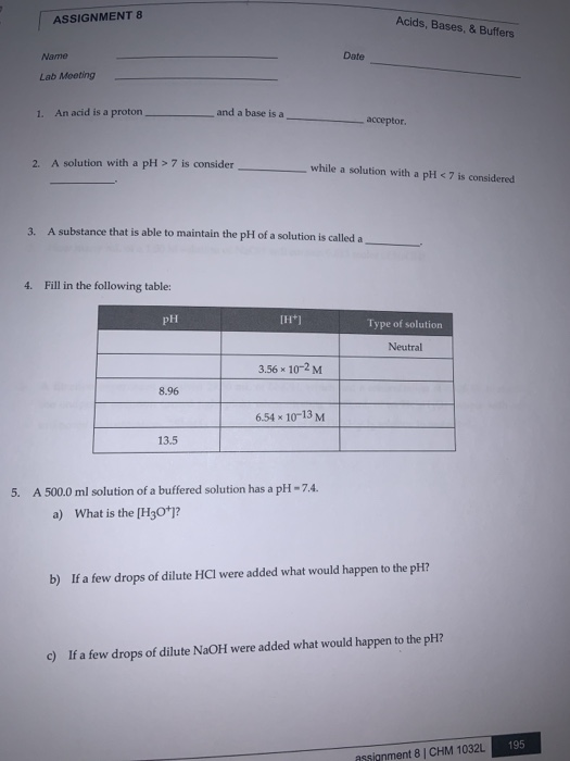 Solved ASSIGNMENT 8 Acids, Bases & Buffers Name Date Lab | Chegg.com