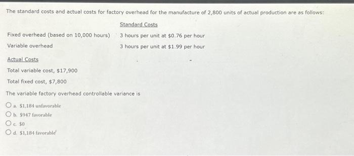 Solved The variable factory overhead controllable variance | Chegg.com