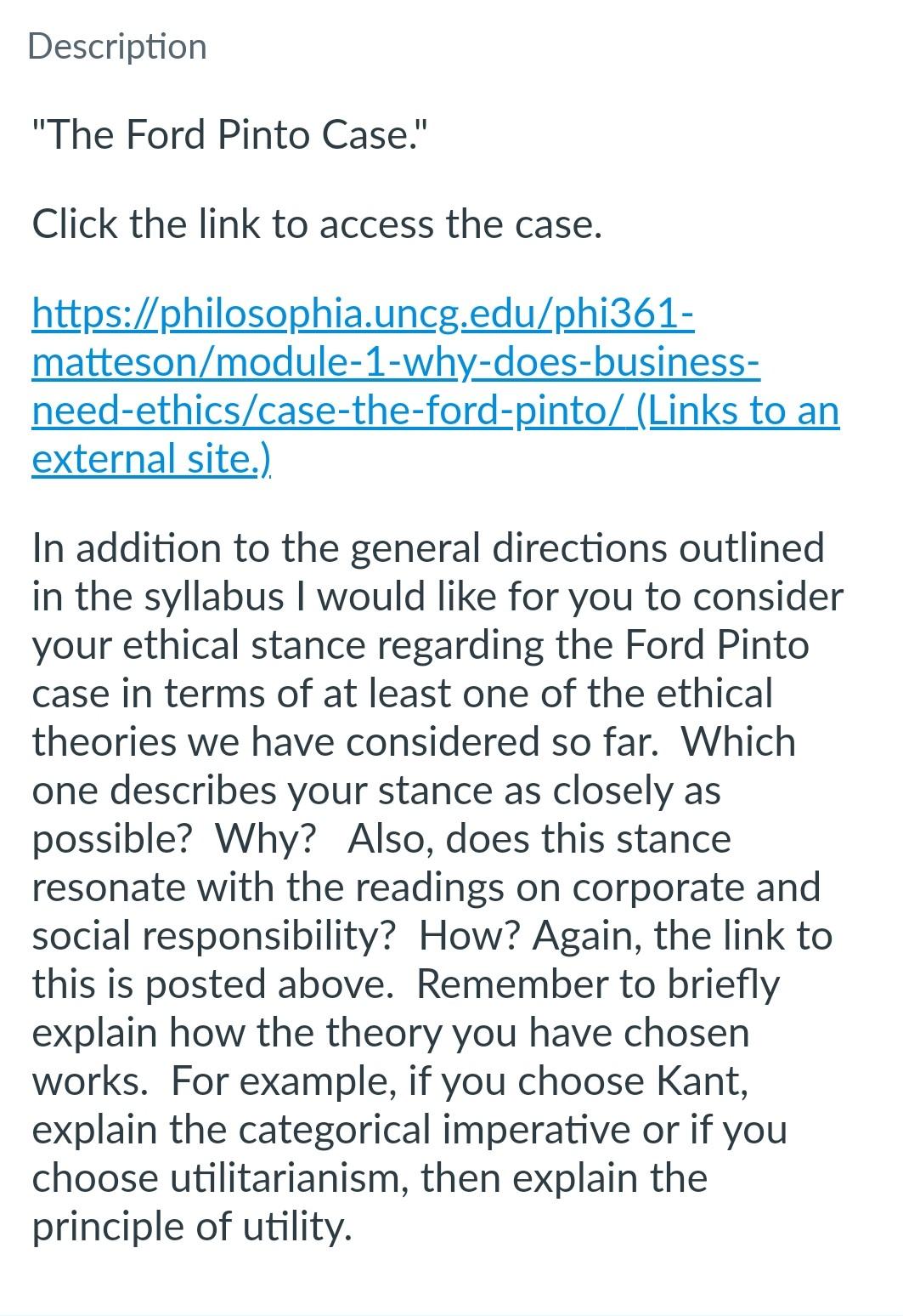 Description "The Ford Pinto Case." Click the link to | Chegg.com