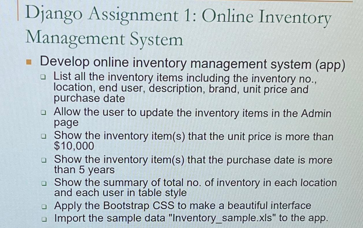 Solved Django Assignment 1: Online InventoryManagement | Chegg.com