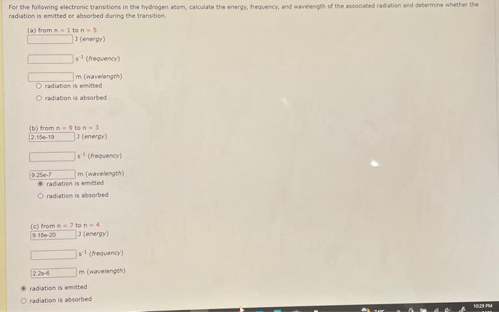 Solved For the following electronic transitions in the | Chegg.com