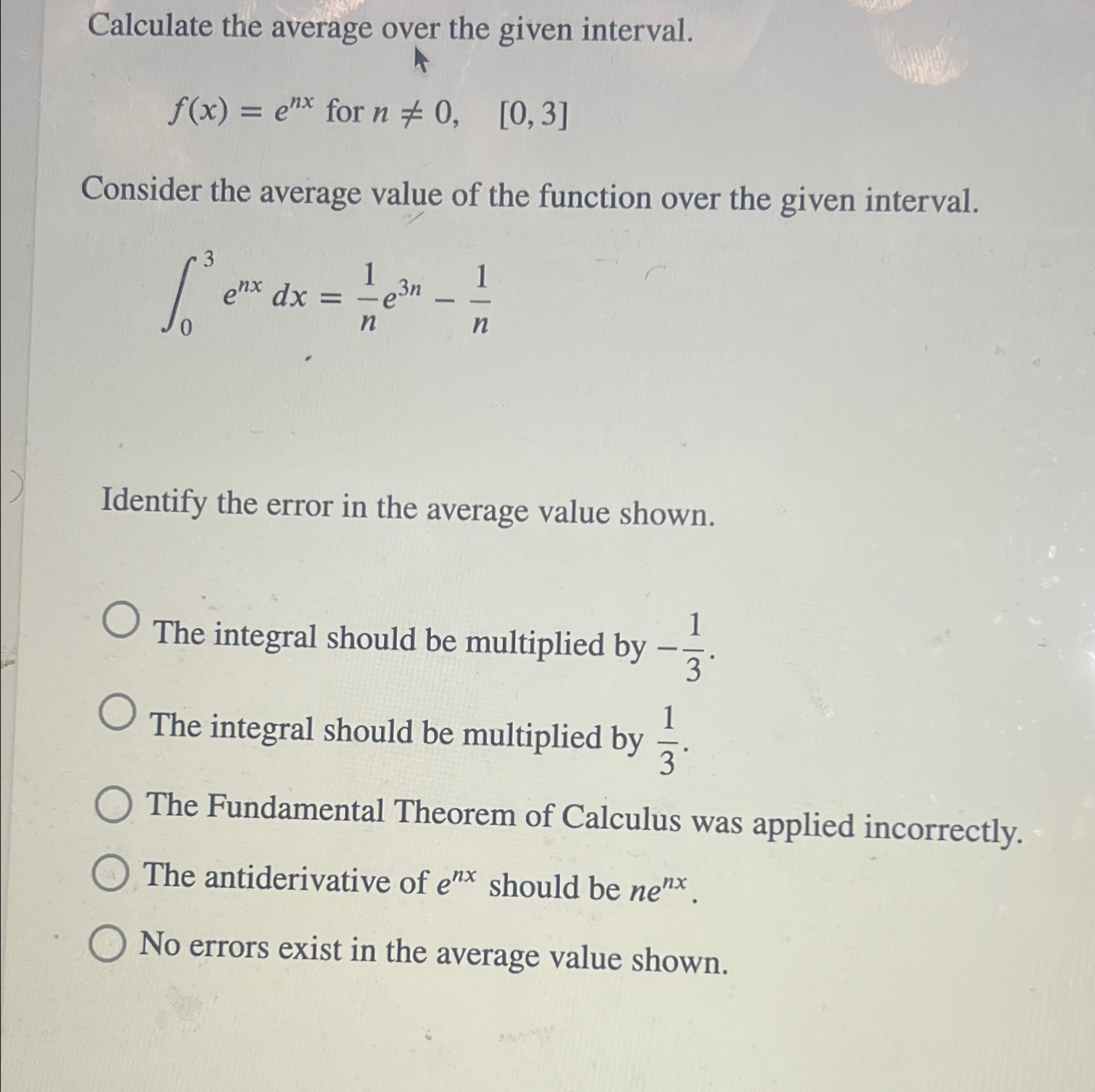 Solved Calculate the average over the given | Chegg.com