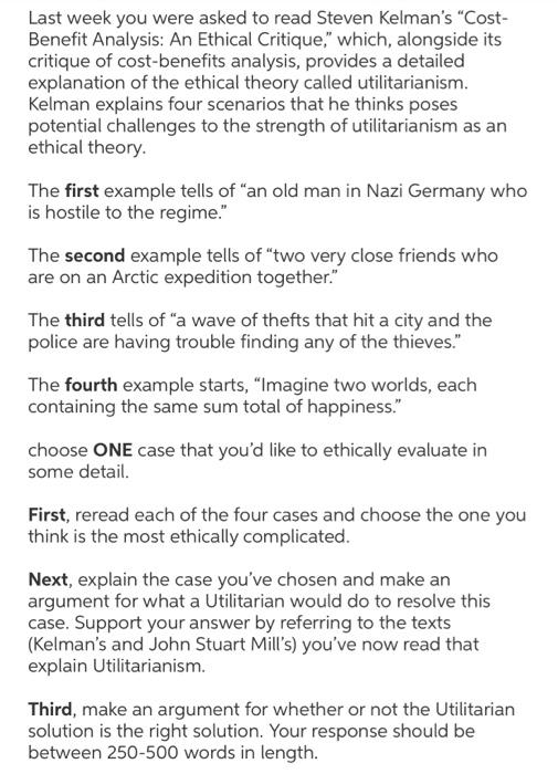 Solved Last week you were asked to read Steven Kelman's | Chegg.com