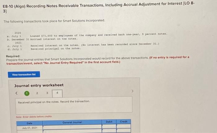 Solved E8-10 (Algo) Recording Notes Receivable Transactions, | Chegg.com
