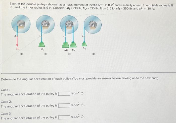 Solved Each of the double pulleys shown has a mass moment of | Chegg.com