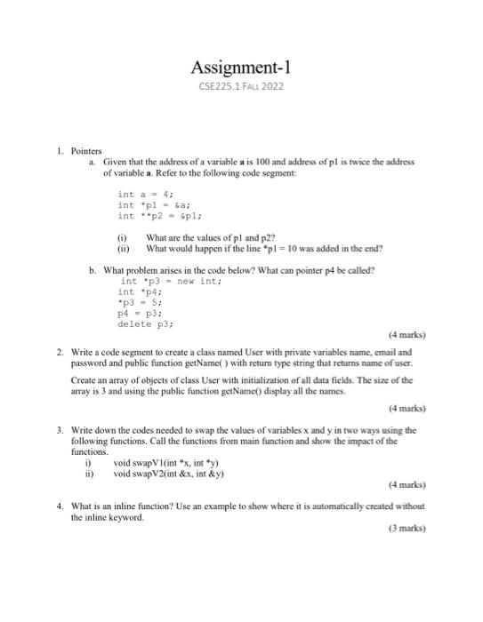 Solved 1. Pointers a. Given that the address of a variable a | Chegg.com