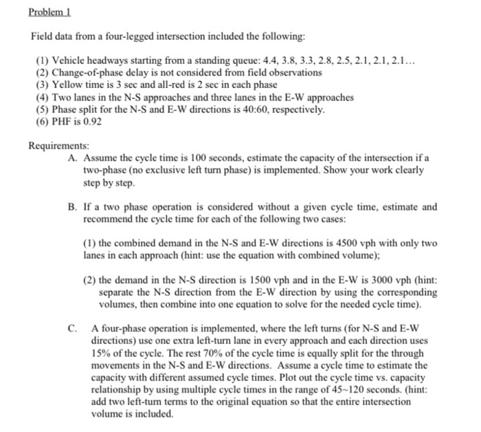 Problem 1 Field data from a four-legged intersection | Chegg.com