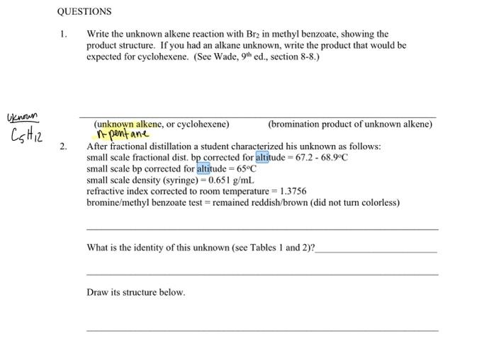 Table 1. Unknown Alkanes. Chem 2315 Lab Manual | Chegg.com