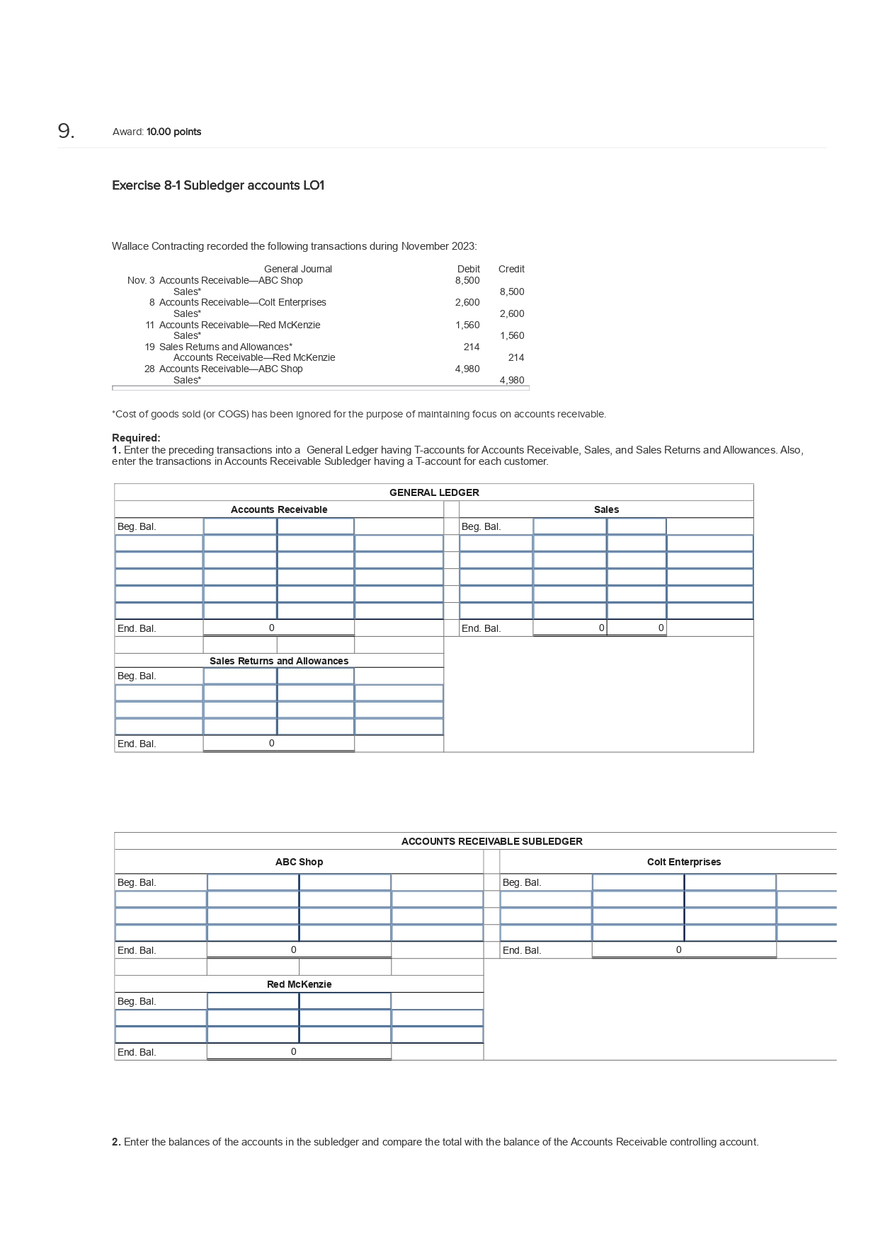 Solved Exercise 8-1 ﻿Subledger accounts LO1Wallace | Chegg.com