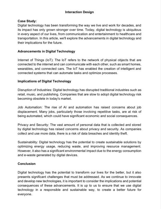 Interaction Design Case Study: Digital technology has | Chegg.com