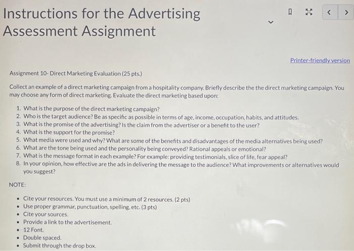 Solved Instructions for the Advertising Assessment | Chegg.com
