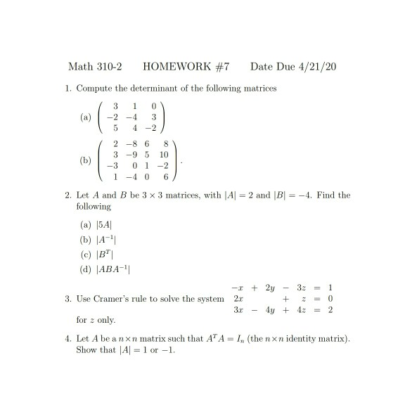 Solved Math 310-2 HOMEWORK #7 Date Due 4/21/20 1. Compute | Chegg.com