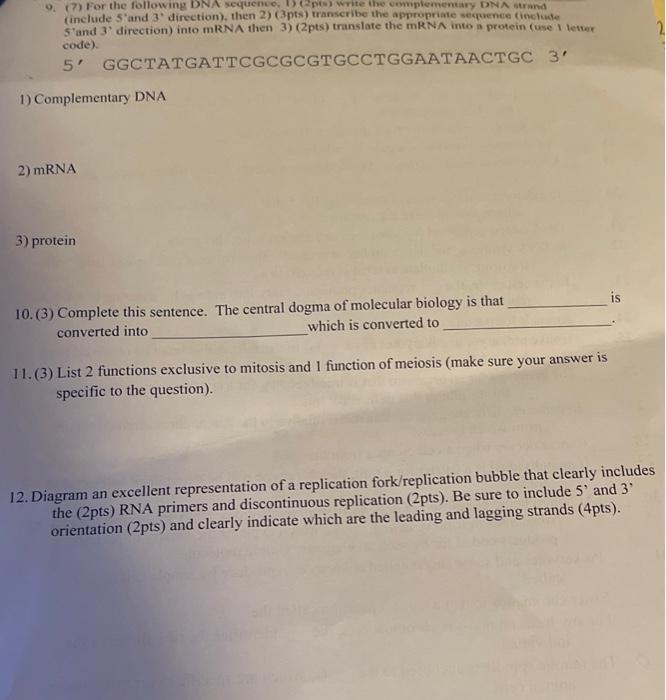 Solved 9. (7) For the following DNA sequence, 12(2p(s) write | Chegg.com