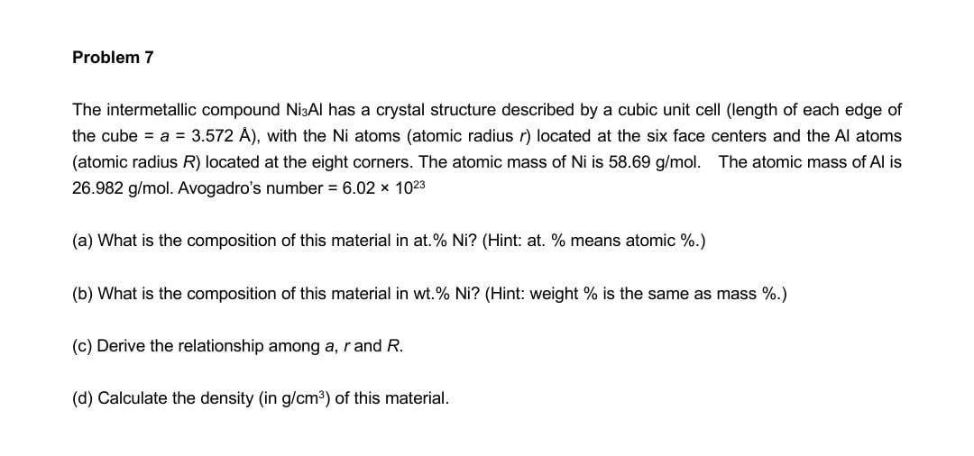 Solved Problem 7 The intermetallic compound NiAl has a | Chegg.com