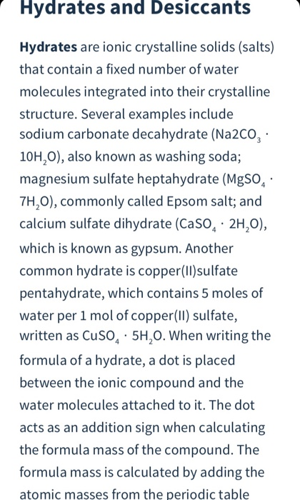 Solved Hydrates and Desiccants Hydrates are ionic | Chegg.com