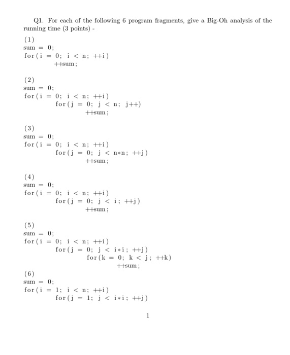 Solved Q1. For each of the following 6 program fragments, | Chegg.com