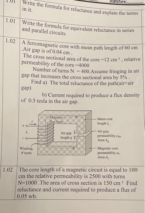 Solved Signature: Write the formula for reluctance and | Chegg.com