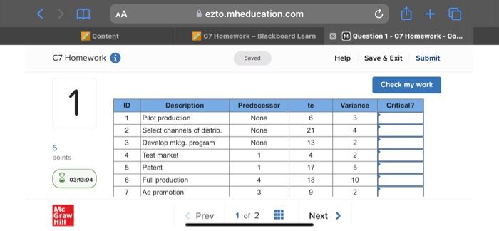 Solved A7-3 (Algo) The expected times and variances... The | Chegg.com