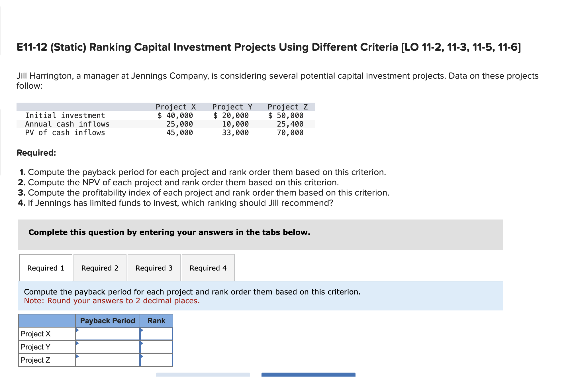 Solved E11-12 (Static) ﻿Ranking Capital Investment Projects | Chegg.com