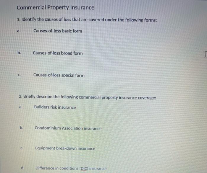 Solved Commercial Property Insurance 1. Identify the causes | Chegg.com
