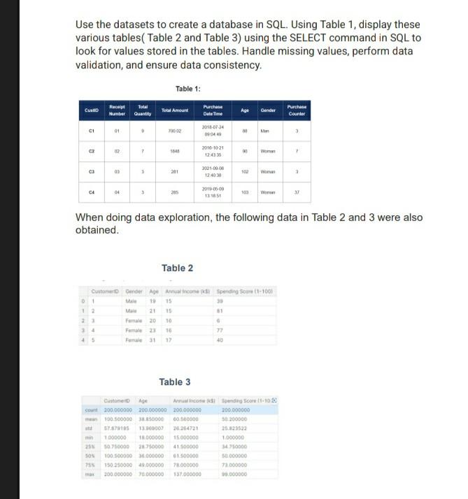 Solved Use the datasets to create a database in SQL. Using | Chegg.com