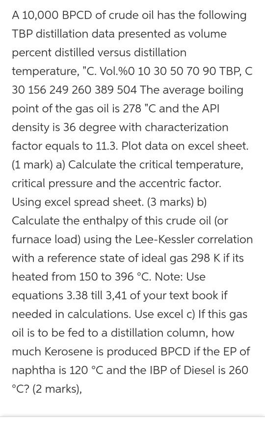 A 10,000 BPCD of crude oil has the following TBP | Chegg.com