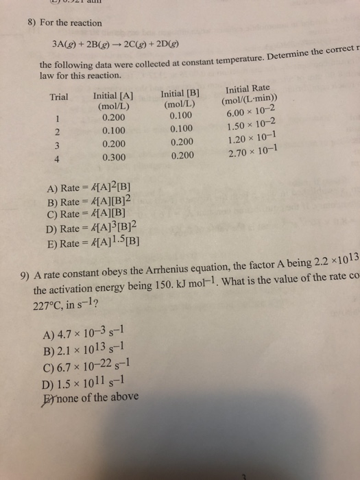 Solved 8) For the reaction 3A(g)+ 2B(g)-2C()+ 2D() the | Chegg.com