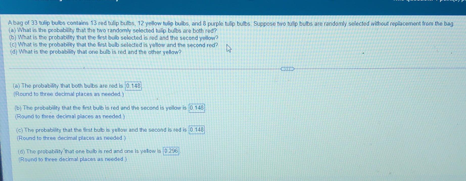 Solved A bag of 33 tulip bulbs contains 13 red tulip bulbs, | Chegg.com