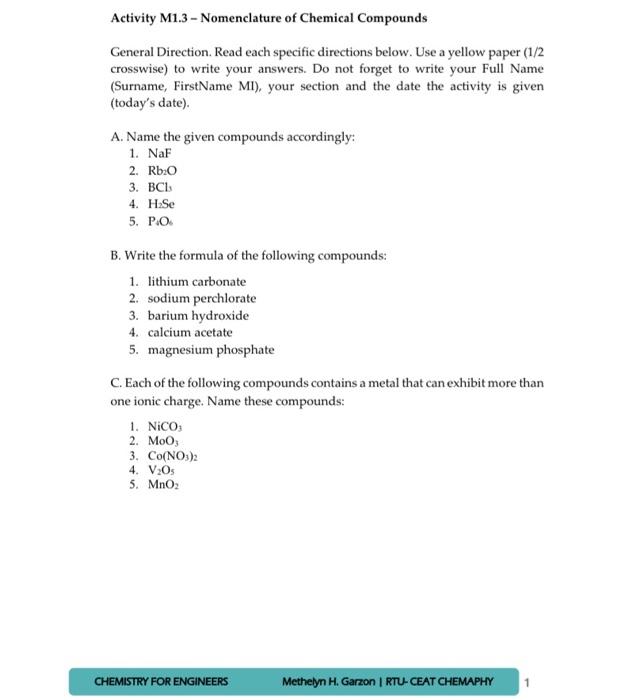 Solved General Direction. Read each specific directions | Chegg.com