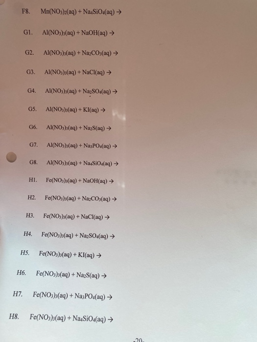 Solved F8. Mn(NO3)2(aq) + NaSiO4(aq) → G1. Al(NO3)3(aq) + + | Chegg.com