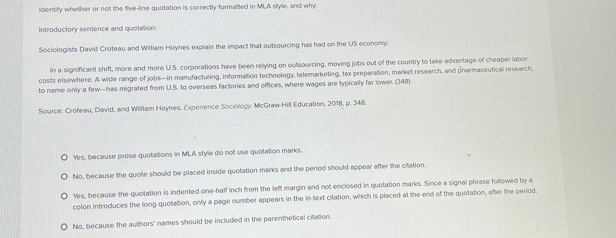 Solved Identify whether or not the five-line quotation is | Chegg.com