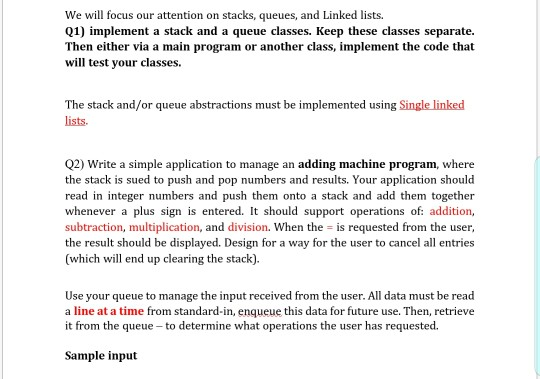 Solved We will focus our attention on stacks, queues, and | Chegg.com
