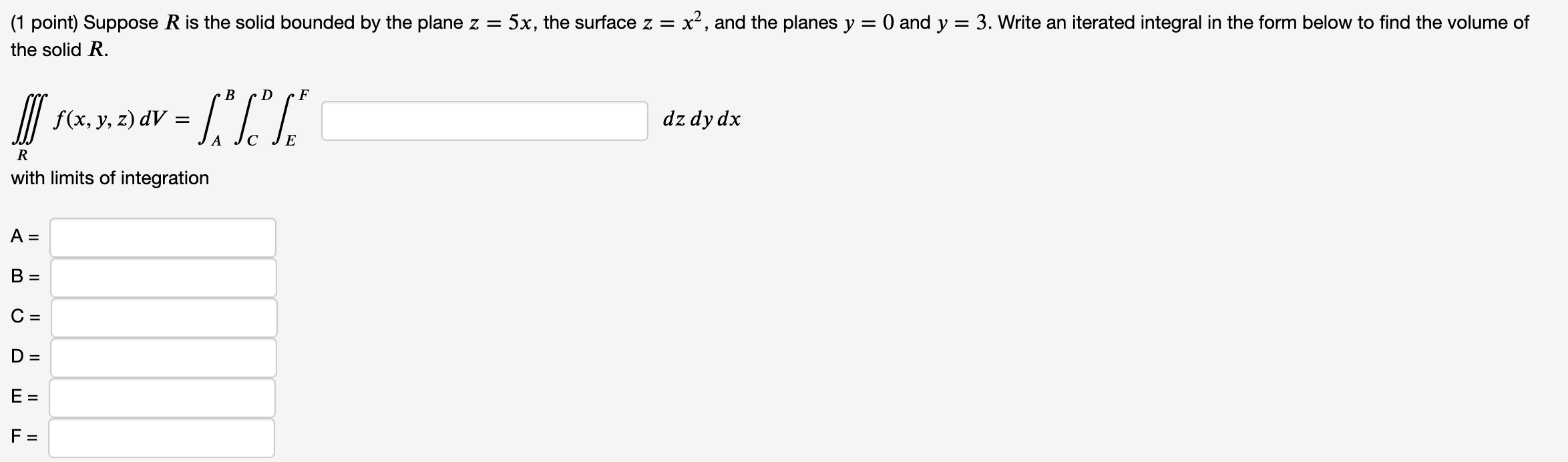 Solved ( 1 ﻿point) ﻿Suppose R ﻿is the solid bounded by the | Chegg.com