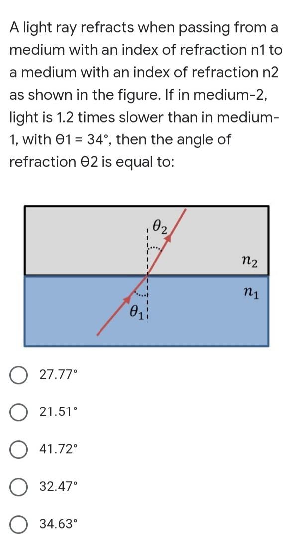 Solved A light ray refracts when passing from a medium with | Chegg.com
