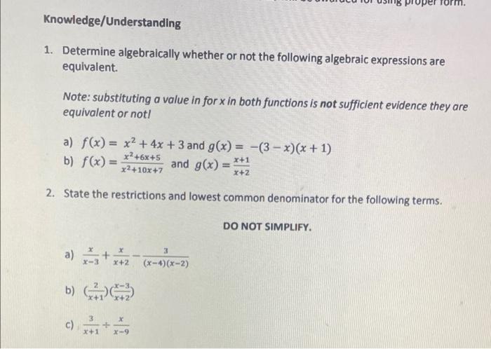 Solved Knowledge/Understanding 1. Determine algebraically | Chegg.com