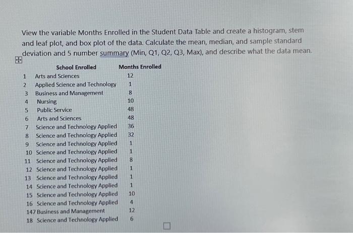 Solved View the variable Months Enrolled in the Student Data | Chegg.com