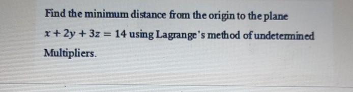 Solved Find the minimum distance from the origin to the | Chegg.com