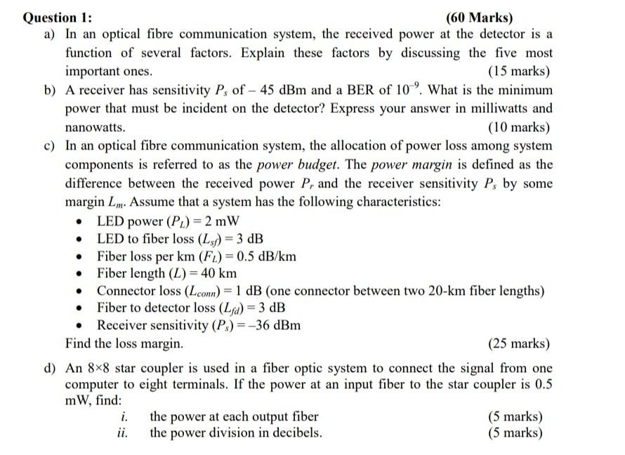 Question 1: (60 Marks) a) In an optical fibre | Chegg.com
