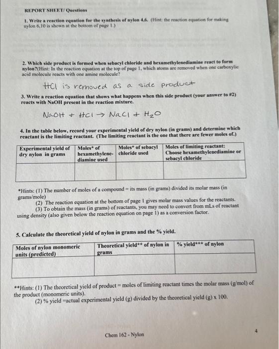 Solved REPORT SHEET/Questions 1. Write a reaction equation | Chegg.com