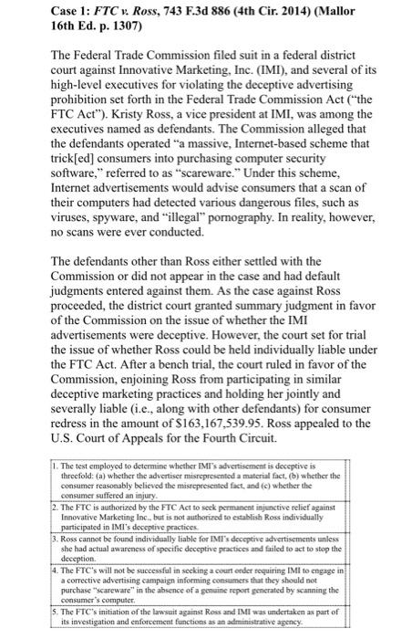 Solved Case 1: FTC v. Ross, 743 F.3d 886 (4th Cir. 2014) | Chegg.com