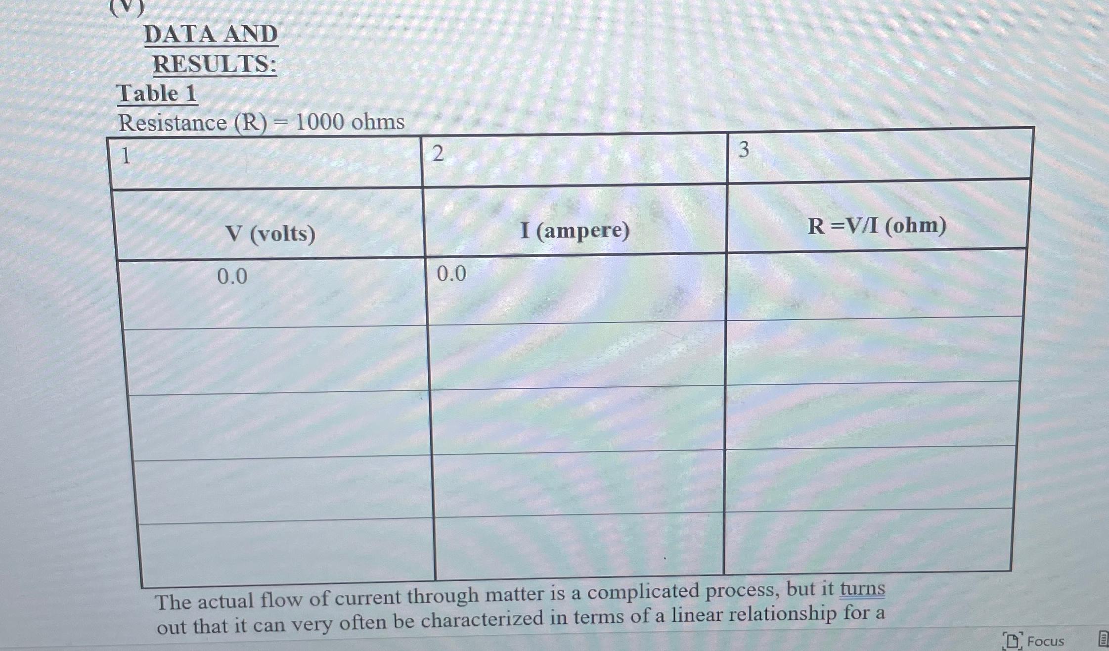 DATA ANDRESULTS:Table 1Resistance | Chegg.com