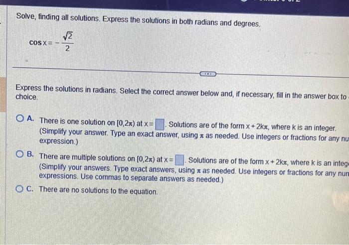 Solved Solve, finding all solutions. Express the solutions | Chegg.com