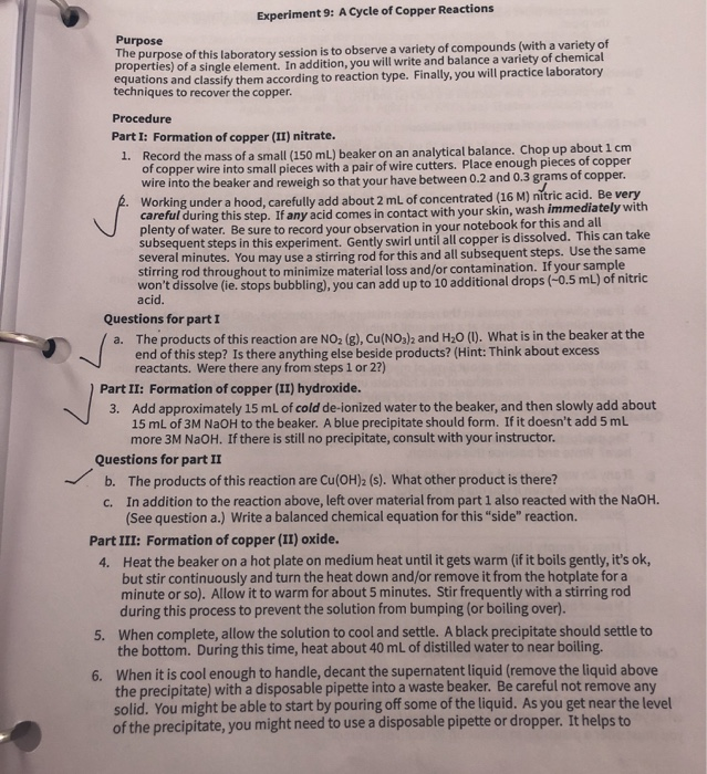 Solved Experiment 9: A Cycle of Copper Reactions Purpose The | Chegg.com
