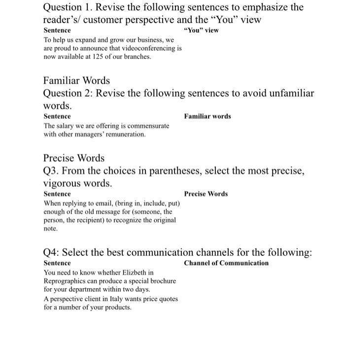 Solved Question 1. Revise the following sentences to | Chegg.com