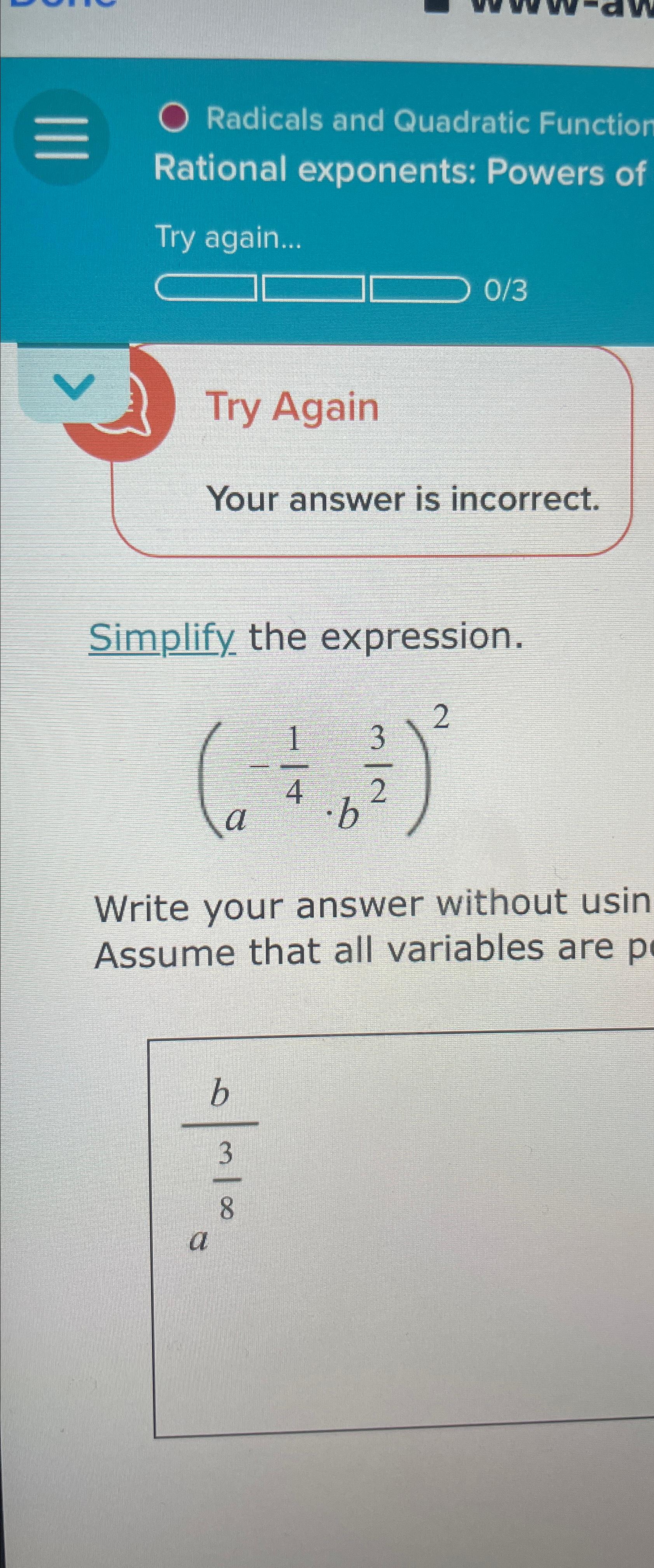 Solved Radicals and Quadratic Function Rational exponents: | Chegg.com