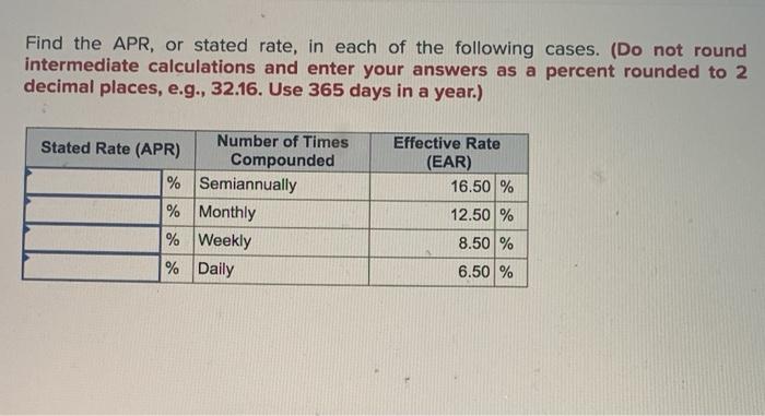 Solved Find the APR, or stated rate, in each of the | Chegg.com