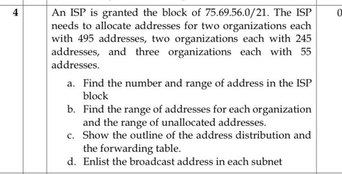 Solved 4 0 An ISP is granted the block of 75.69.56.0/21. The | Chegg.com