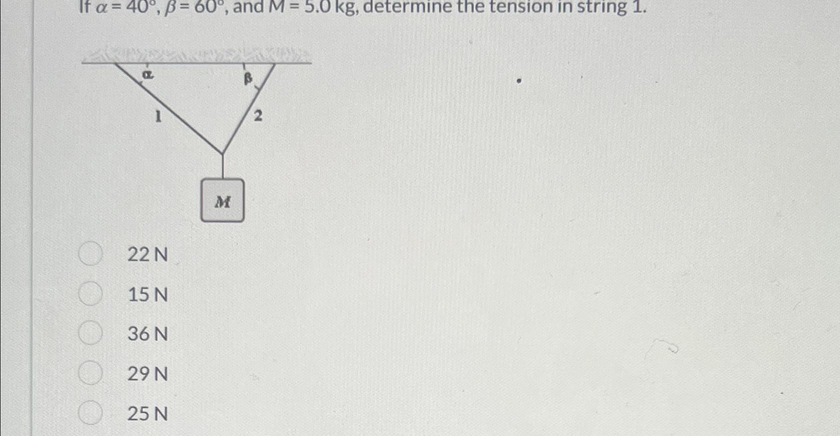 Solved If α=40°,β=60°, ﻿and M=5.0kg, ﻿determine the tension | Chegg.com