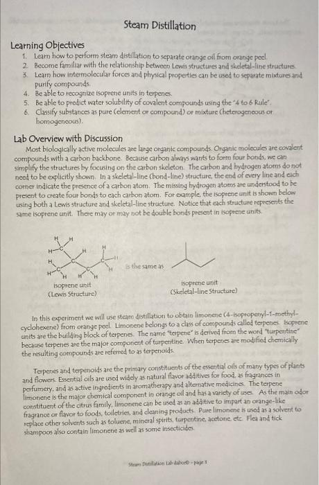 Solved Steam Distillation Pre-Lab This pre-lab assignment is | Chegg.com