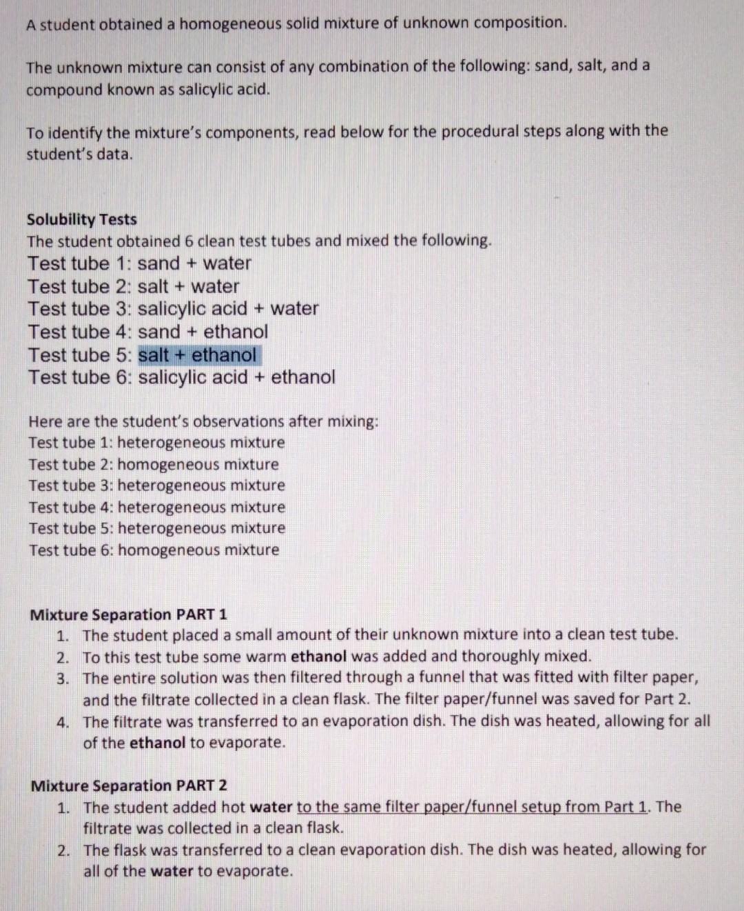 Solved A student obtained a homogeneous solid mixture of | Chegg.com